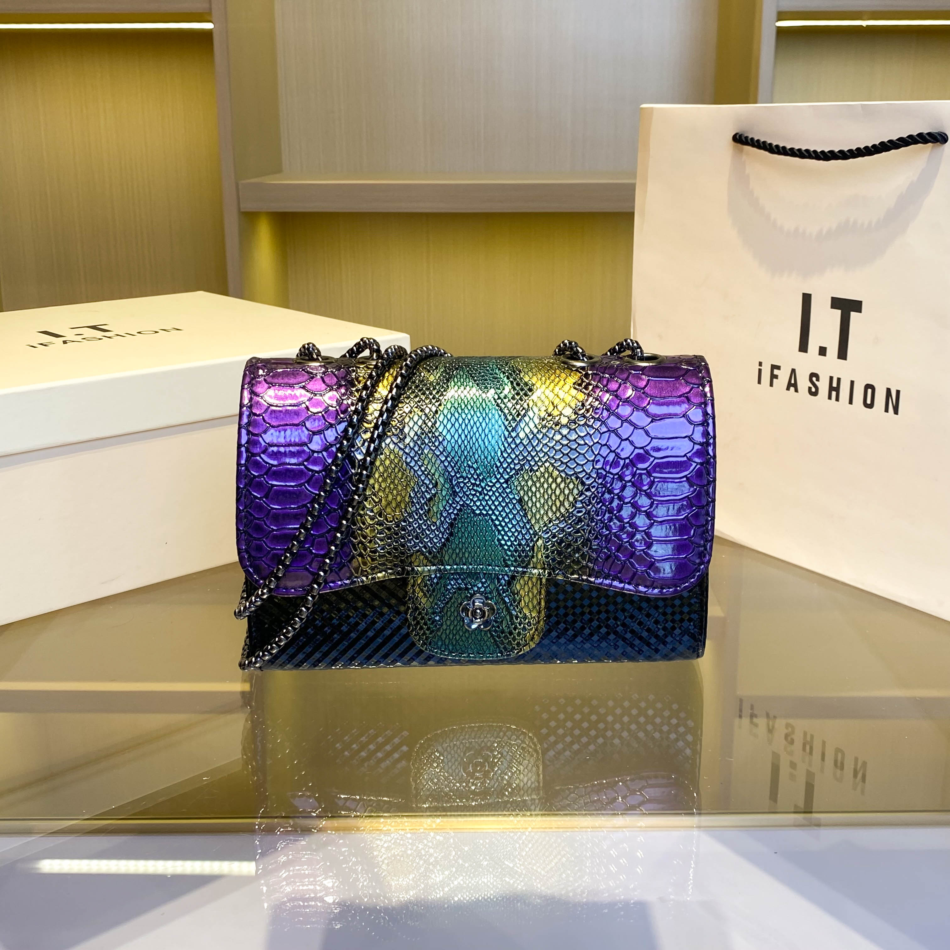 Colorful snake pattern women's small square bag fashion bag shoulder ...