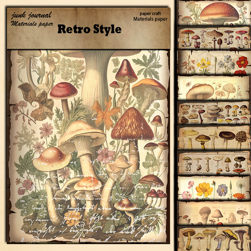 10Sheets Large Size Mushroom Illustrated Guide Material Paper Retro ...