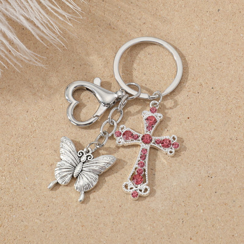Y2k Alloy Butterfly Cross Keychain Flying Insect Religious Key Ring For ...