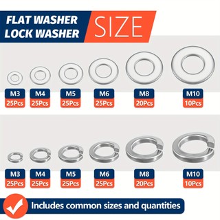 260pcs Lock and Flat Washer Assortment Kit, Stainless Steel M3 M4 M5 M6 ...