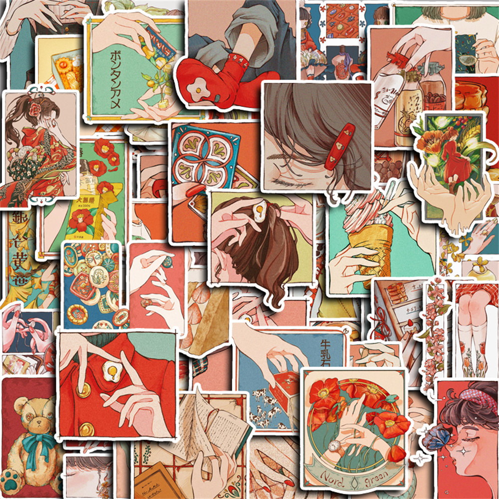 50pcs Retro Japanese Girl Illustration Stickers Diy Computer Laptop ...