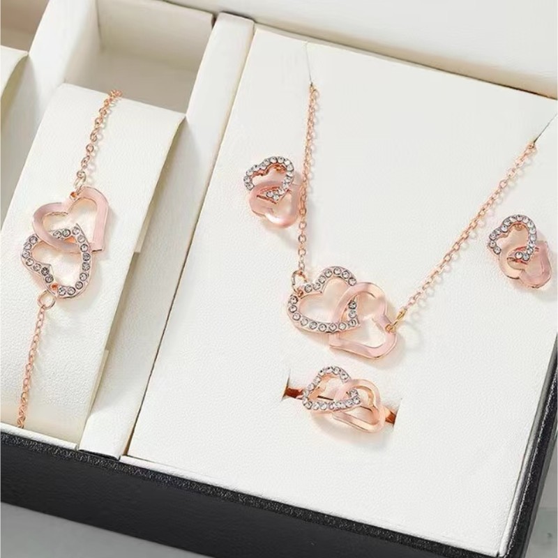 4pcs Accessories Sets Double Heart Necklace Jewelry Set Luxury Style ...