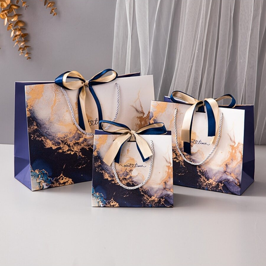 3 Gift Packaging Bags Gilt Sapphire Blue Gift Bags Marble Pattern Paper ...