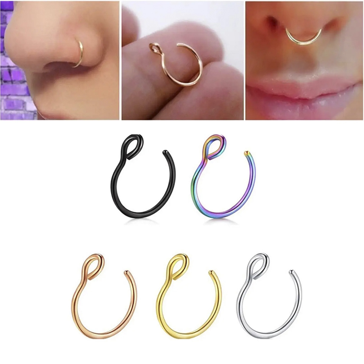 1Pc/5Pc Colorfast Horseshoe Fake Nose Ring Stainless Steel Fishhook Non ...