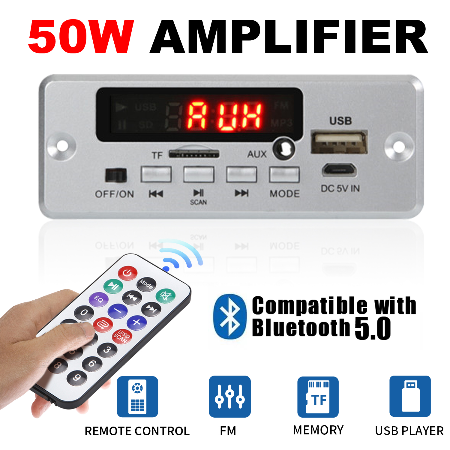 50W Amplifier Bluetooth 5.0 MP3 Decoder Board 12V Wireless Music Player ...