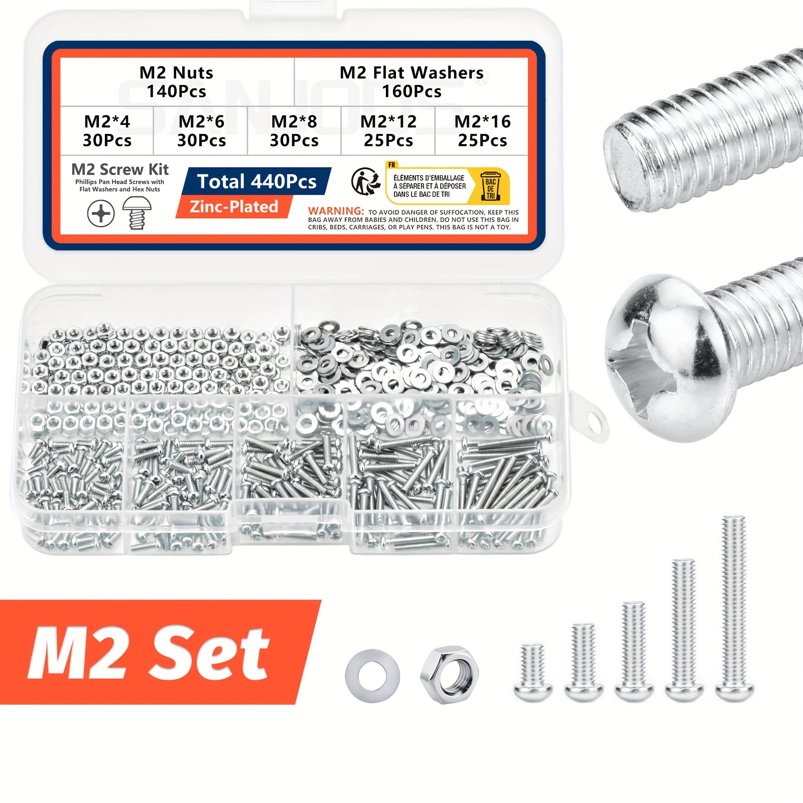 440pcs M2 Screws Bolts and Nuts Assortment Kit, Metric Machine Screws ...