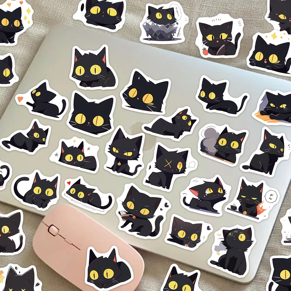 100pcs Cute Black Cat sticker small animals fun healing hand account ...