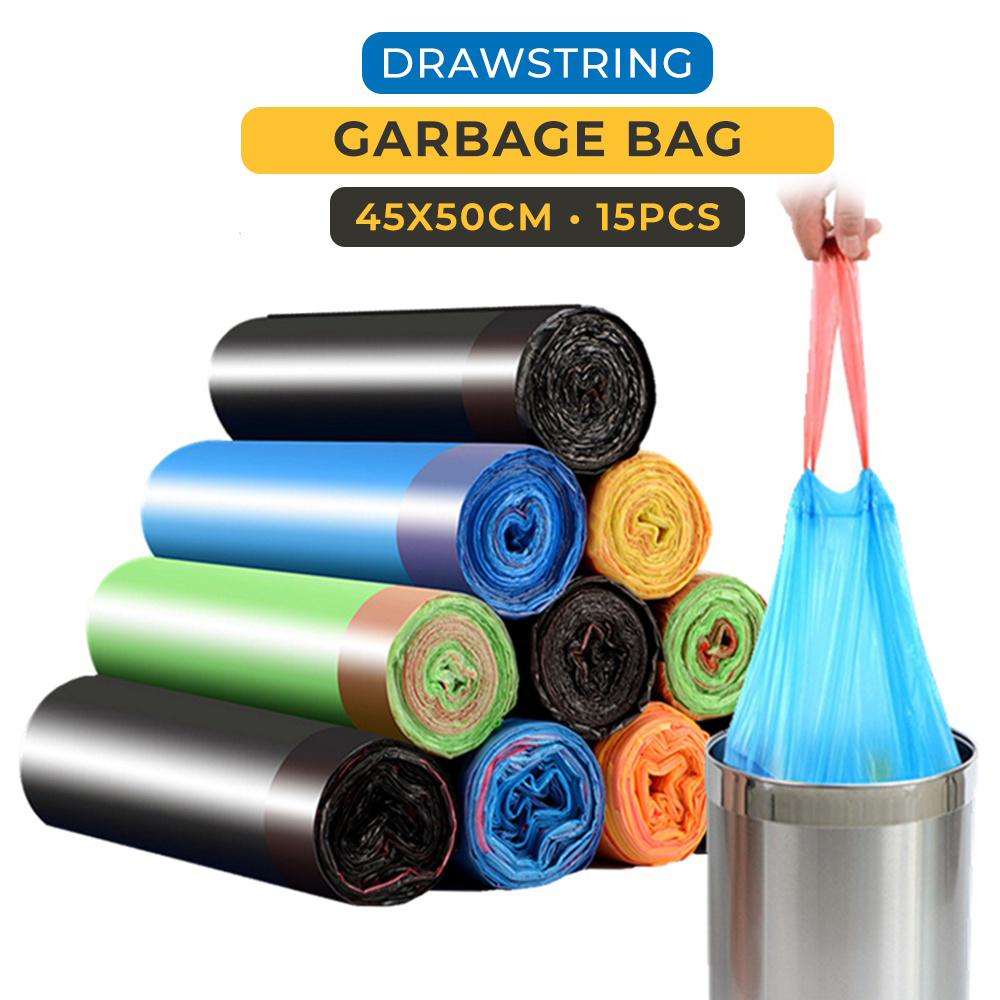 15pcs/roll Garbage Bag Automatic Closing Tie On Plastic Trash Bags ...