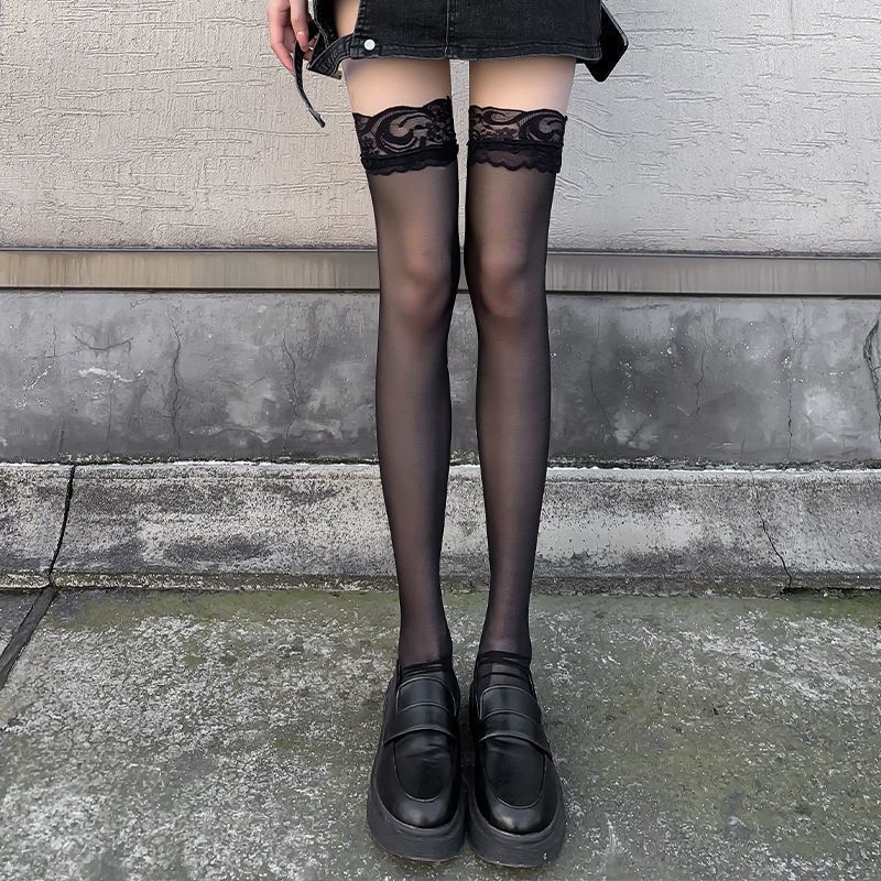 Lace Long Tube Stockings For Women With Sexy Long Legs, Summer Thin Black Silk With Red Edges ...