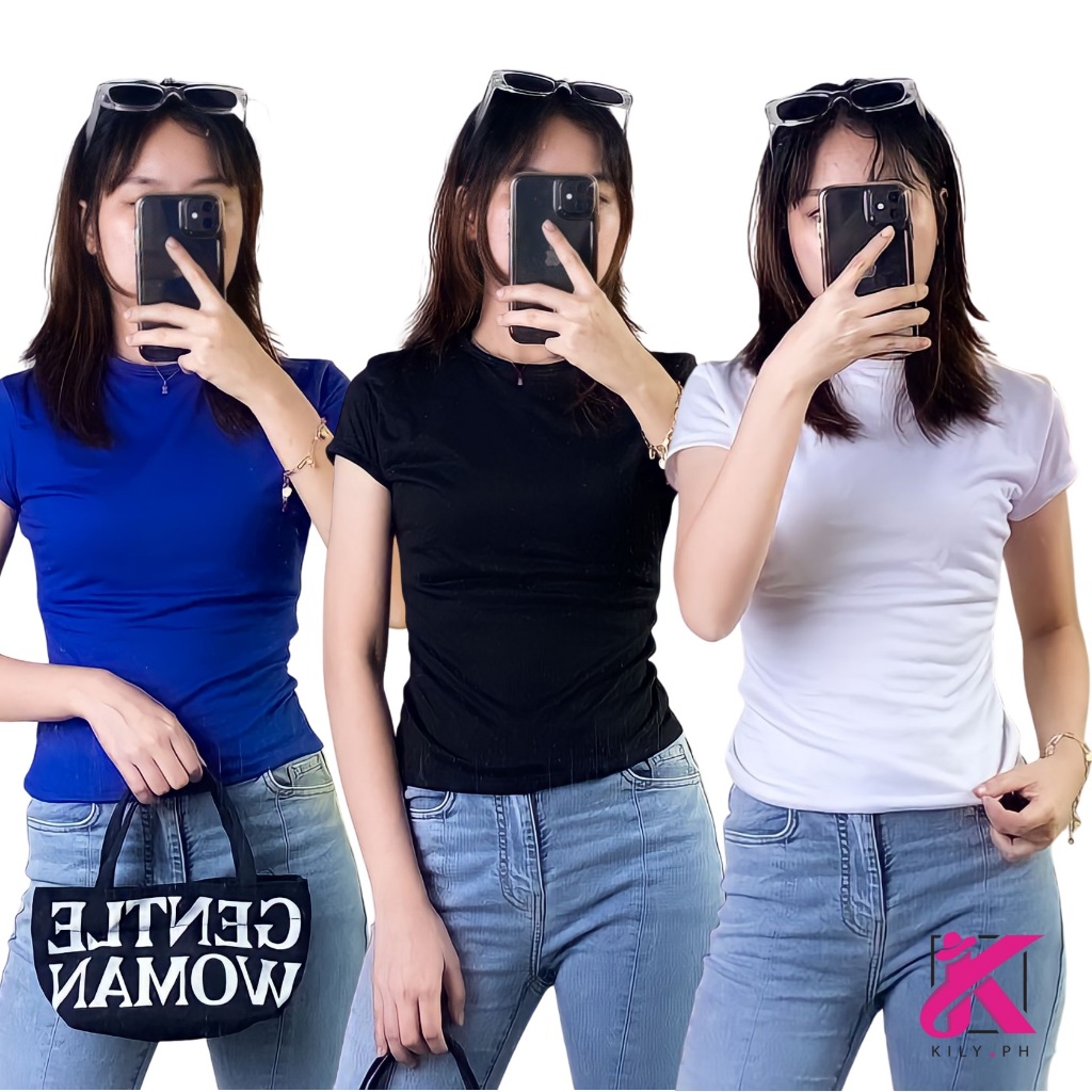 Double Lining Full Length Round Neck Shirt Body Fitted Plain Tops ...