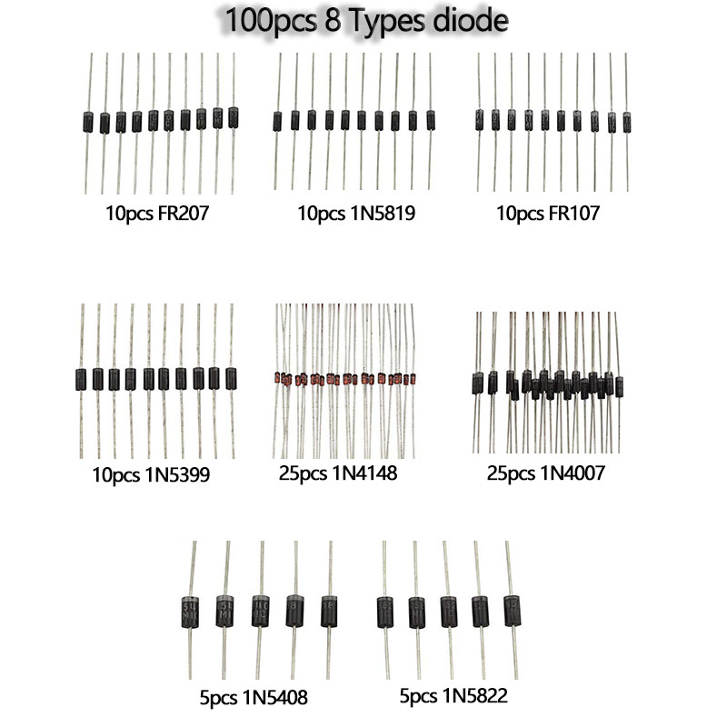 100pcs Diode Assorted Kit 8 Values DIY Electronic Components Diode ...