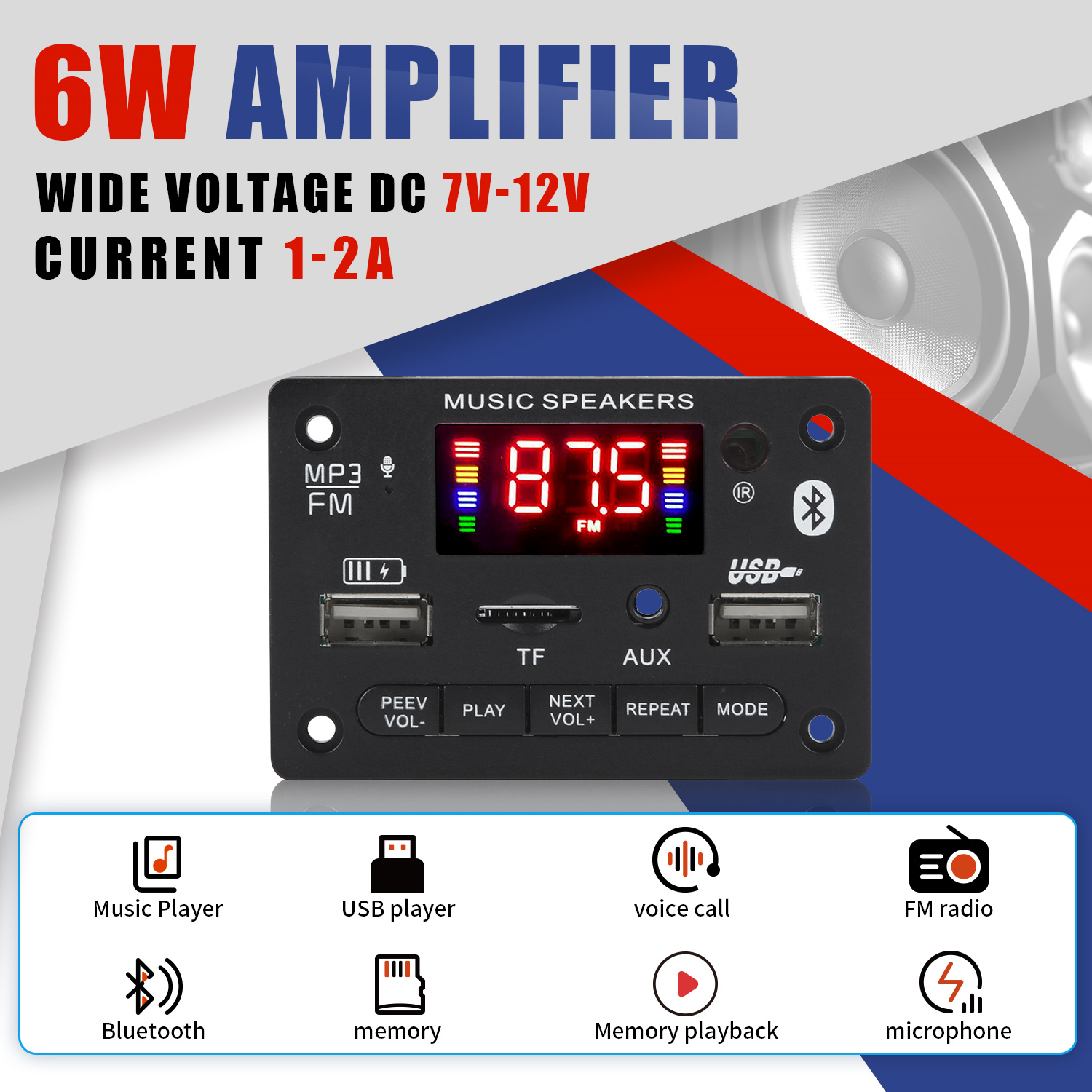 DC 12V 6W Amplifier MP3 Decoder Board 2*3W Bluetooth 5.0 Music Player ...