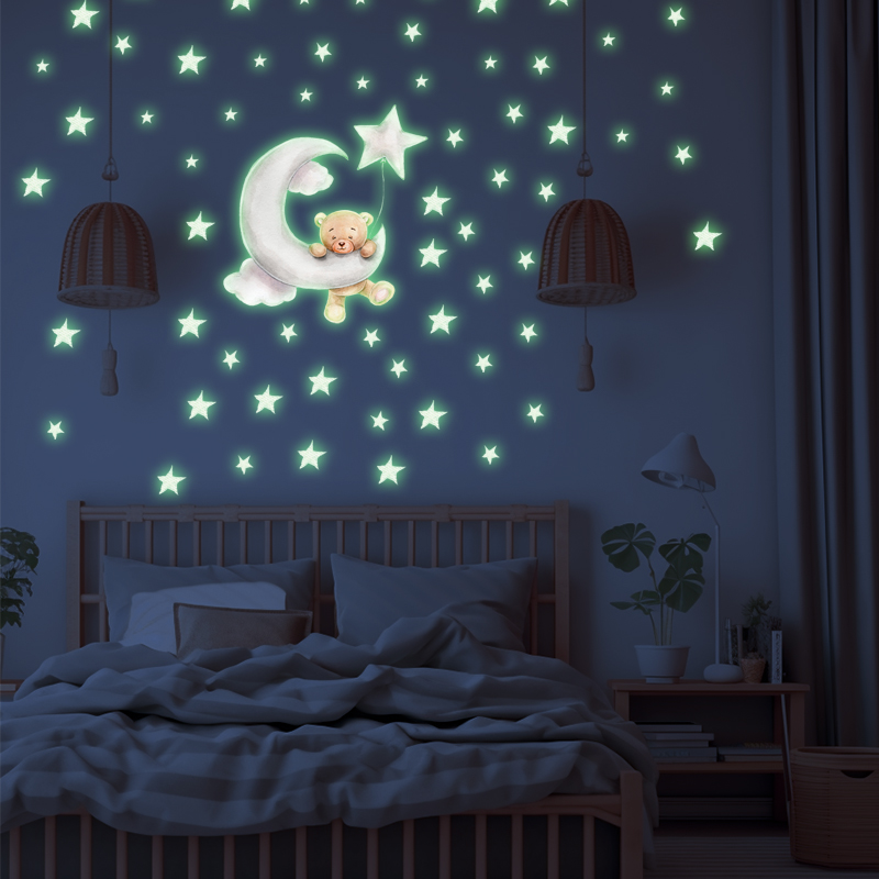 Glow in The Dark Wall Decals Luminous Moon Stars Stickers Small Animals ...