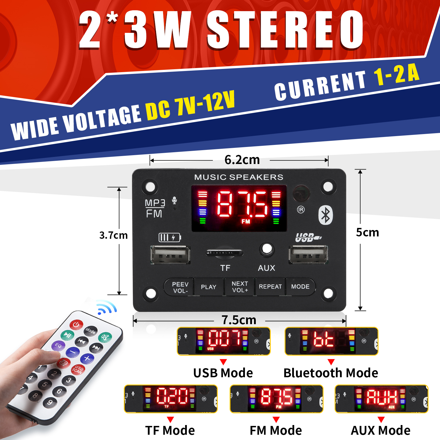 2*3W Amplifier Bluetooth 5.0 MP3 Decoder Board DC 7V-12V 6W MP3 Player ...