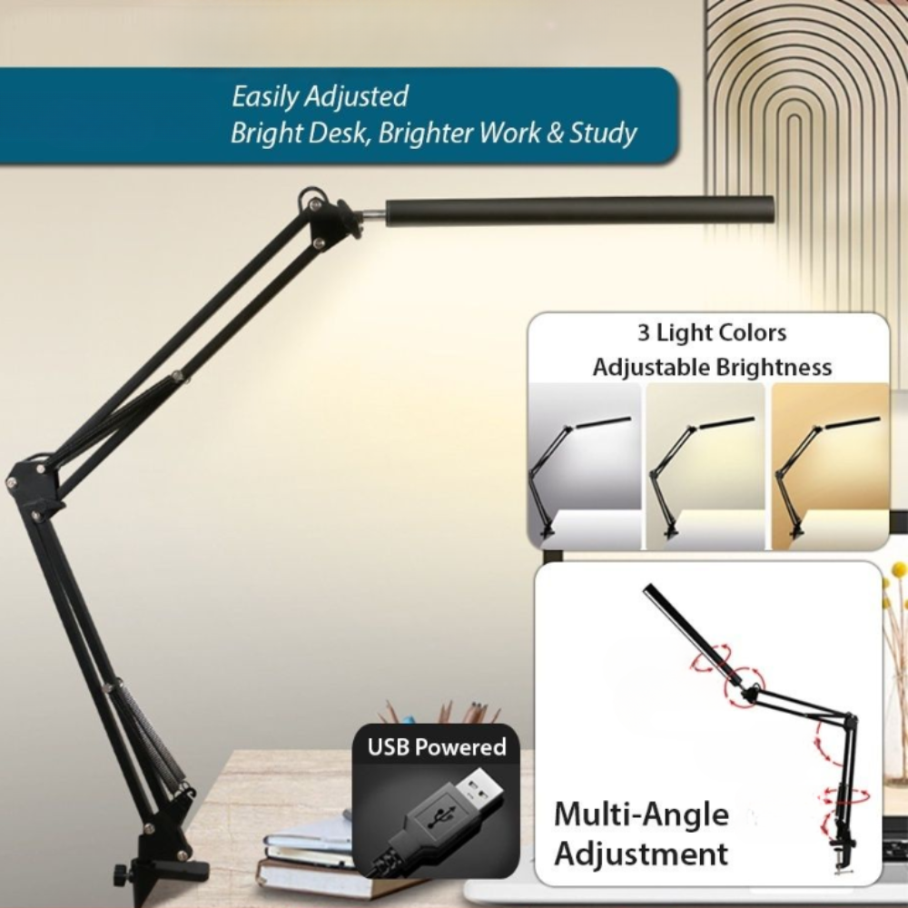 3 Light Colors LED Flexible Desk Table Lamp with Rotatable Clamp Study ...