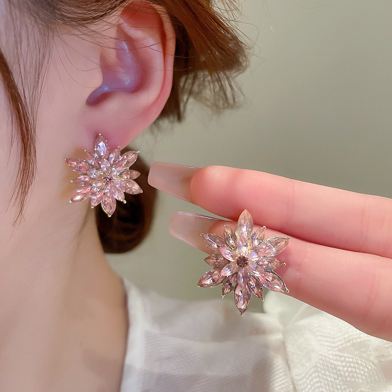 DREJEW Silver needle diamond flower earrings Korean simple ins style ...