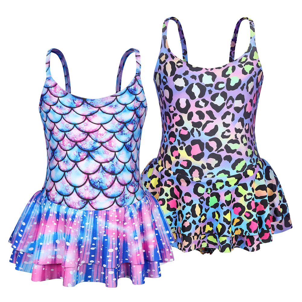 Girls Leopard/Mermaid Swimming Costume Swimsuit Kids Ruffle Skirt One ...