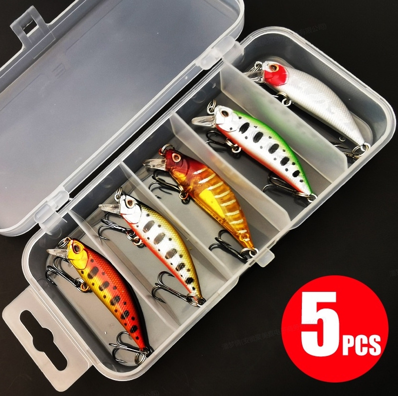 5pcs/box Fishing Lure 5g/5cm Sinking Minnow 3D Eyes Laser Trolling Plastic Buzz Bait Lure With 2 ...