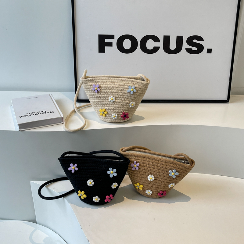 Fresh Sweet Flower Bucket Bag Beach Woven Shoulder Bag Fashionable All ...