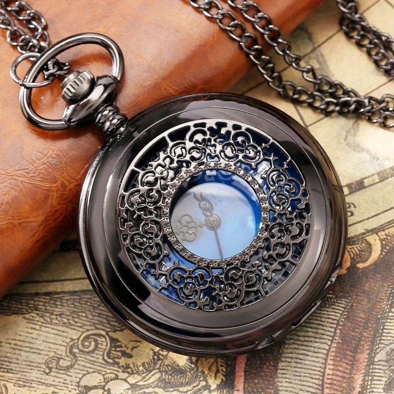 Trendy New Starry Blue Dial Bronze Hollow Quartz Pocket Watch with ...
