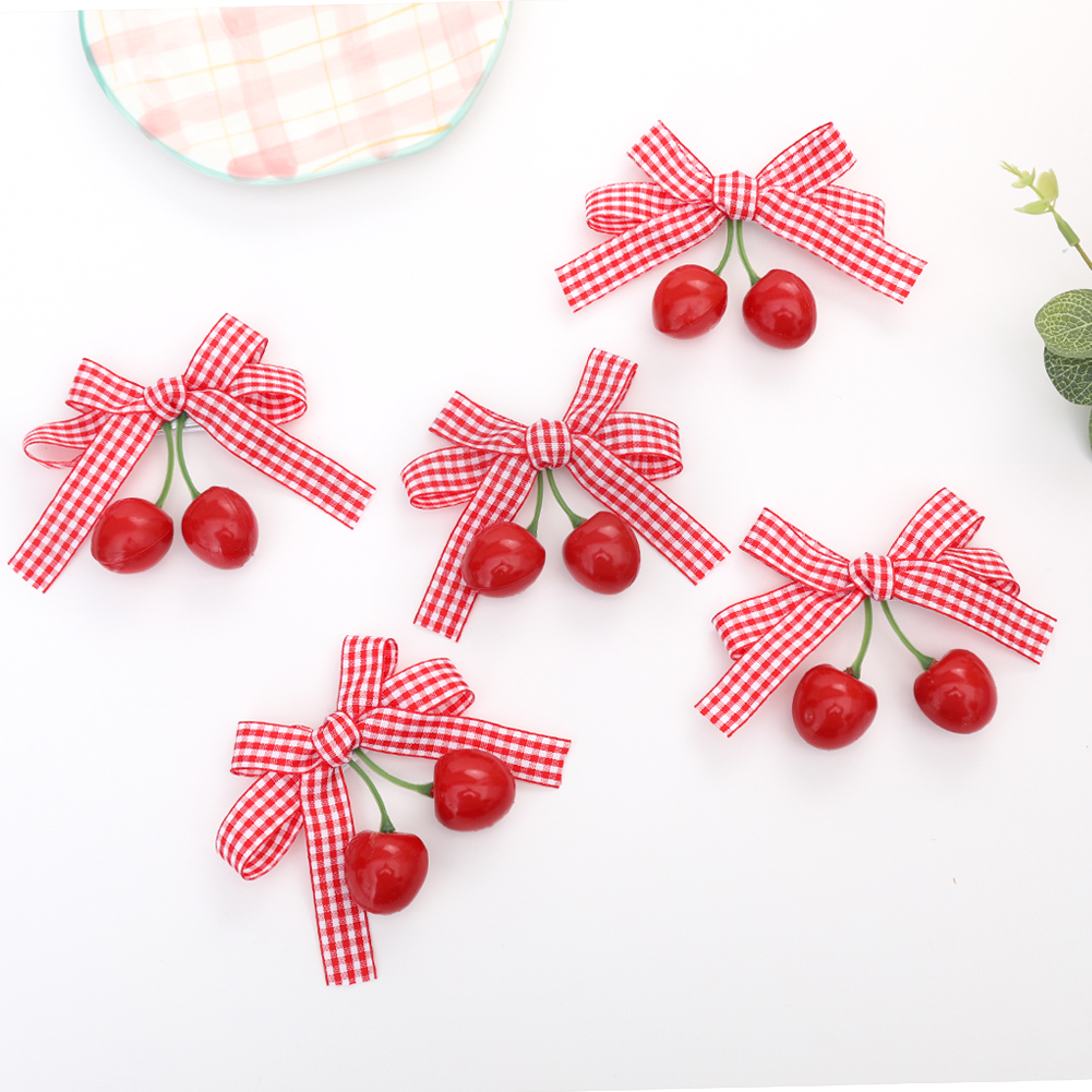 1pcs Spring Summer Girls Cherry Hair Clip Red Plaid Ribbon Dovetail Bow ...