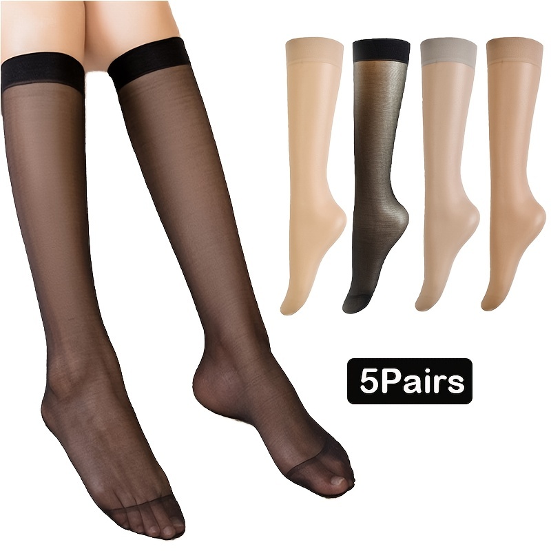 5 Pairs Leg Length Socks, Comfortable & Breathable Semi-Sheer Solid ...