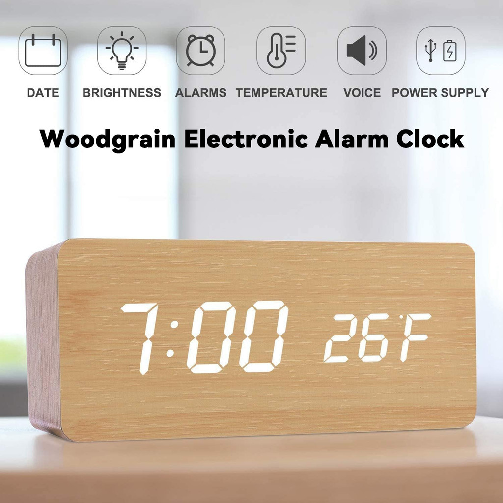 Digital wooden smart voice control alarm clock USB plug-in bedside ...