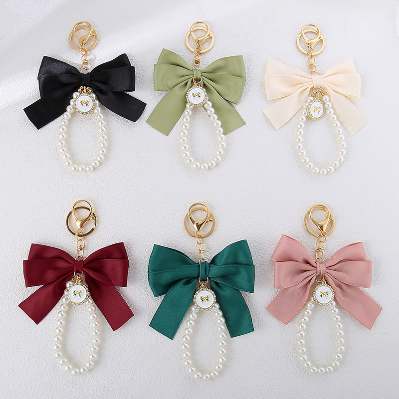 Handmade Bow Keychain - Woven Ribbon & Pearl Accent - Decorative Bag ...
