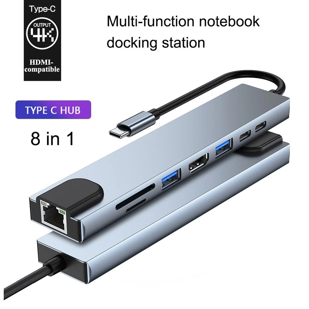 8 in 1 USB C Hub Type-C to Multiports 4K HDMI RJ45 PD Charge SD/TF Card Reader Type C To USB ...