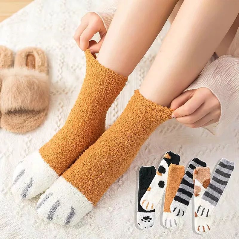 Funny Cute Women's 3d Cat Paw Socks Plush Short Socks Thicken Leg ...