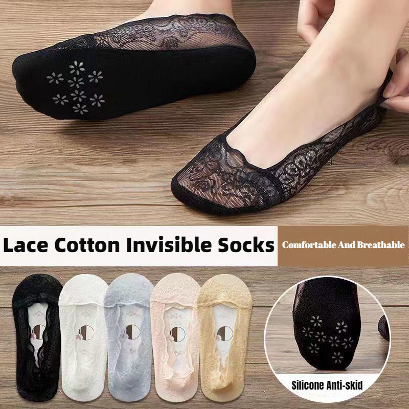 Women Cotton Lace Socks Antiskid Invisible Liner Socks Boat Sock Low ...
