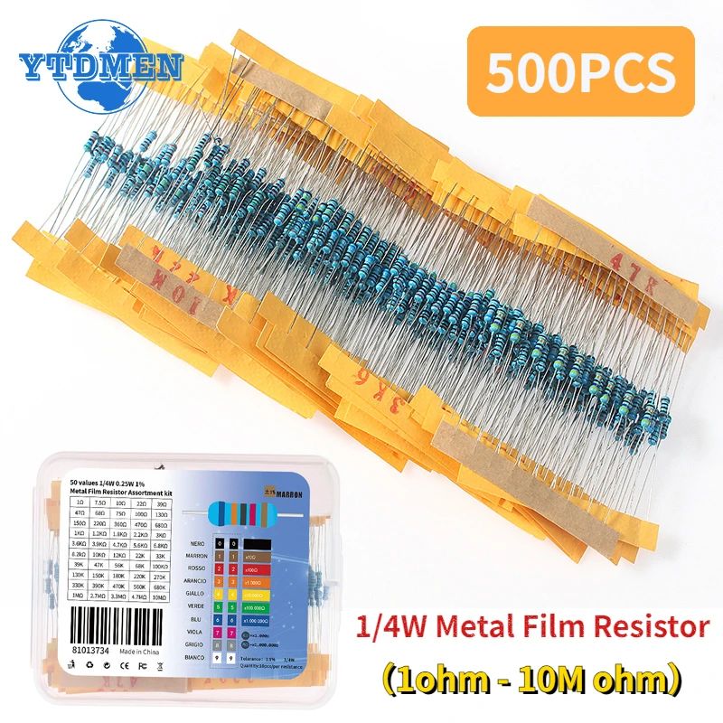 500pcs 1/4W Resistors Set 50 Kinds 1% Metal Film Resistor Pack ,0.25W ...
