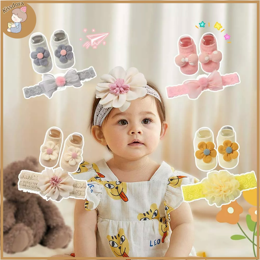 KD【COD】 Cotton Socks for Baby Girl Anti-Slip Baby Sock+Headband Medyas ...
