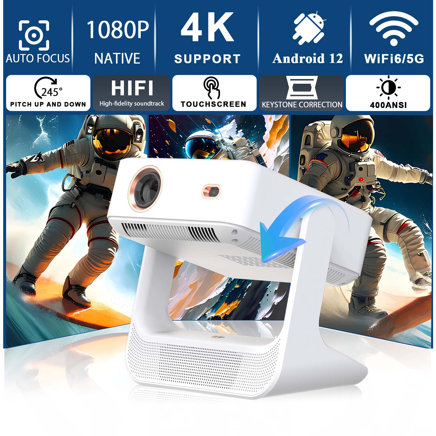 4K 1080P Projector, 8 Touch Display, Wireless, Dual Screen HDMI USB ...