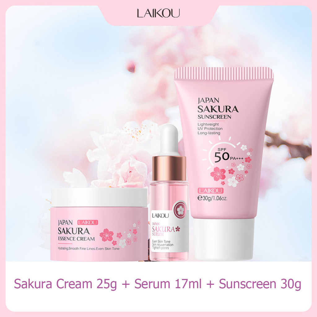 LAIKOU Sakura Skincare 3Pcs Set Moisturizing Serum Face Cream Even Skin Tone Glow Radiance SPF50 ...