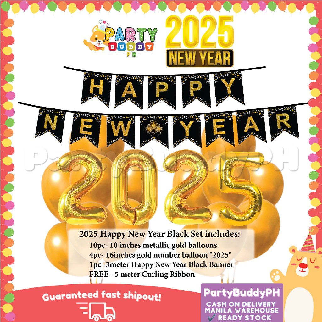 15pc 2025 Complete Happy New Year Foil Rubber Balloon Banner Set ...