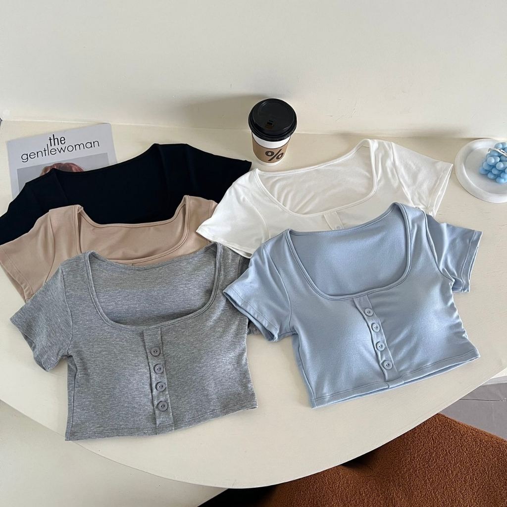Button Crop Top Padded Women Short Sleeves Top Plain Daily Top Simple ...