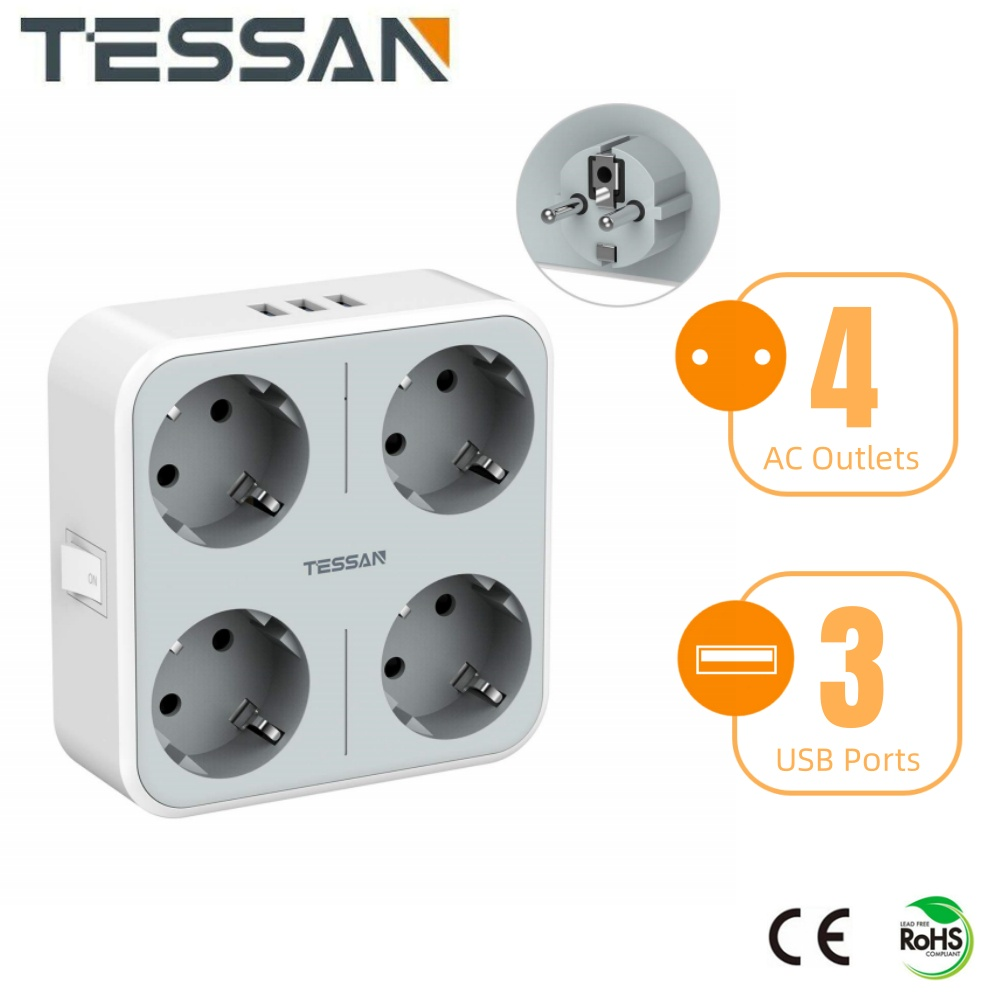 TESSAN EU Multi Outlets Wall Plug Adapter Extender with USB Ports, Type ...