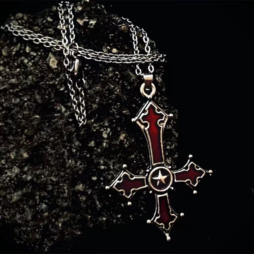 Red Black Gothic Punk Reverse Cross Pendant Vintage Statement Necklace ...