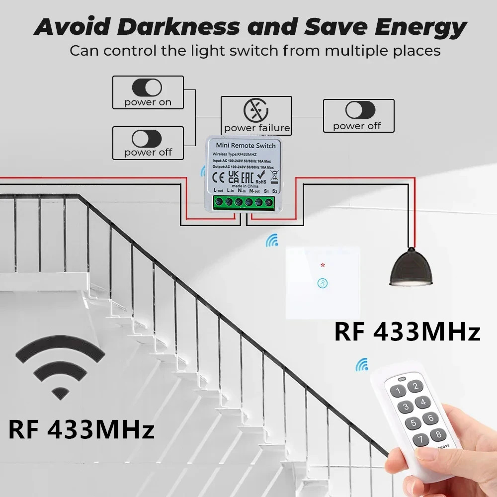RF433 Wireless Switch Relay Module for LED Lighting, AC100V-240V 16A ...