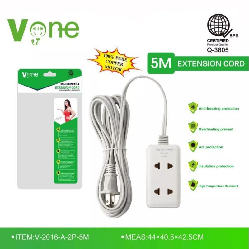 POWER SOCKET Universal Extension VONE Cord 2-Gang Charging Port with 5M ...