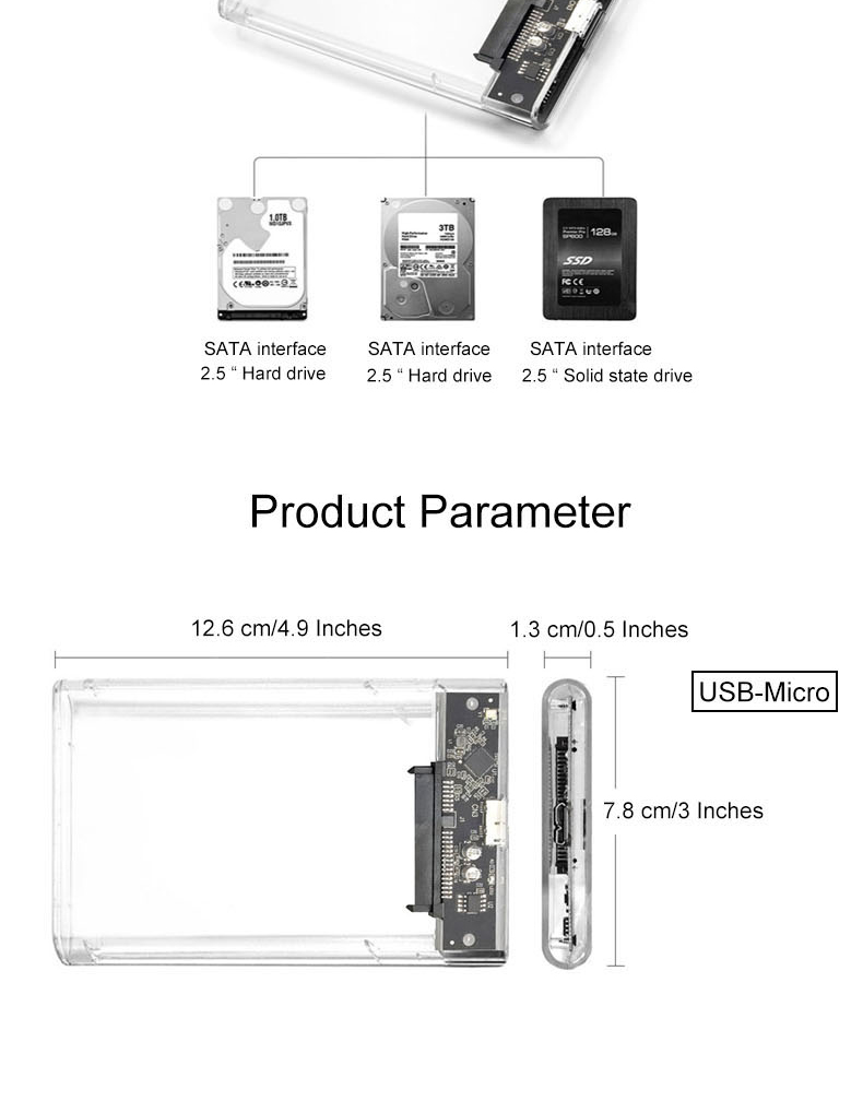 Hard Drive Disk Case Transparent HDD Enclosure 2.5" USB3.0 TO Micro Cable External SATA Box SSD ...
