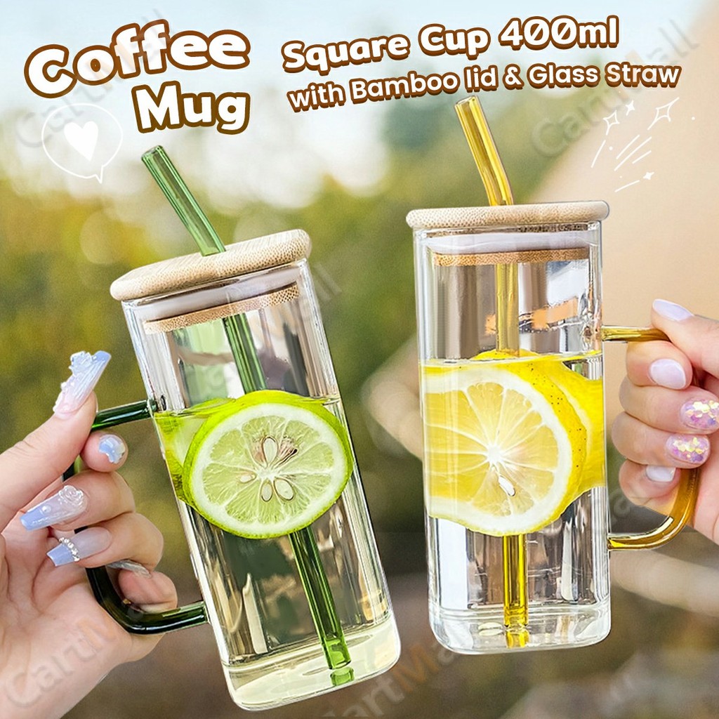 Creative Square Borosilicate Glass Cup with Colored Handle and Bamboo ...