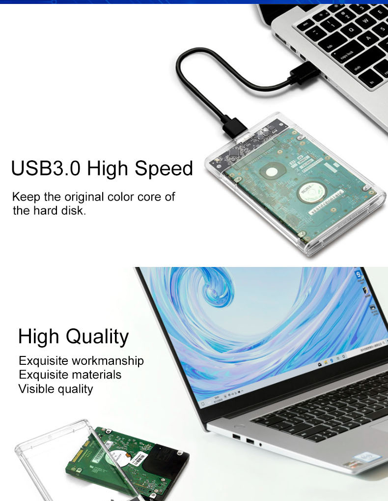 Hard Drive Disk Case Transparent HDD Enclosure 2.5" USB3.0 TO Micro Cable External SATA Box SSD ...