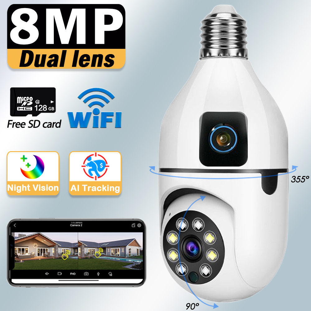 E27 Bulb Video Surveillance Camera Wifi 8MP Dual Lens Wireless Network ...