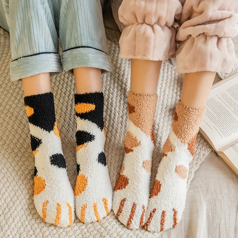 Funny Cute Women's 3d Cat Paw Socks Plush Short Socks Thicken Leg ...