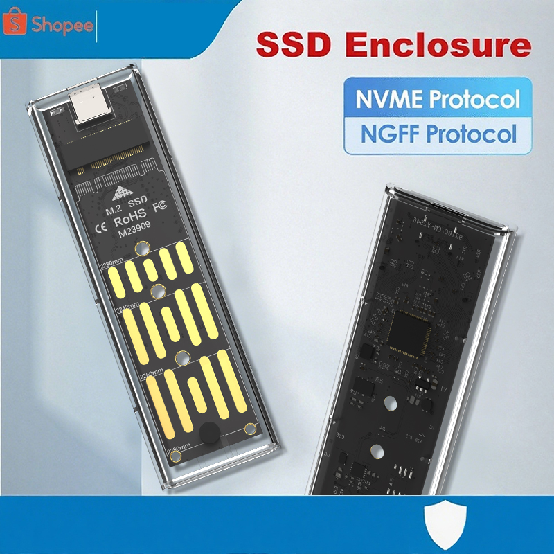 M.2 NVMe SSD Transparent Hard Drive Enclosure NGFF NVMe Dual Protocol Solid State External ...