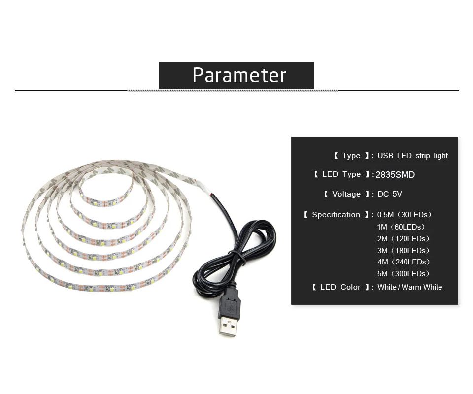 2835 White LED Strip Light, USB LED Tape Lights for Room Decoration, TV ...