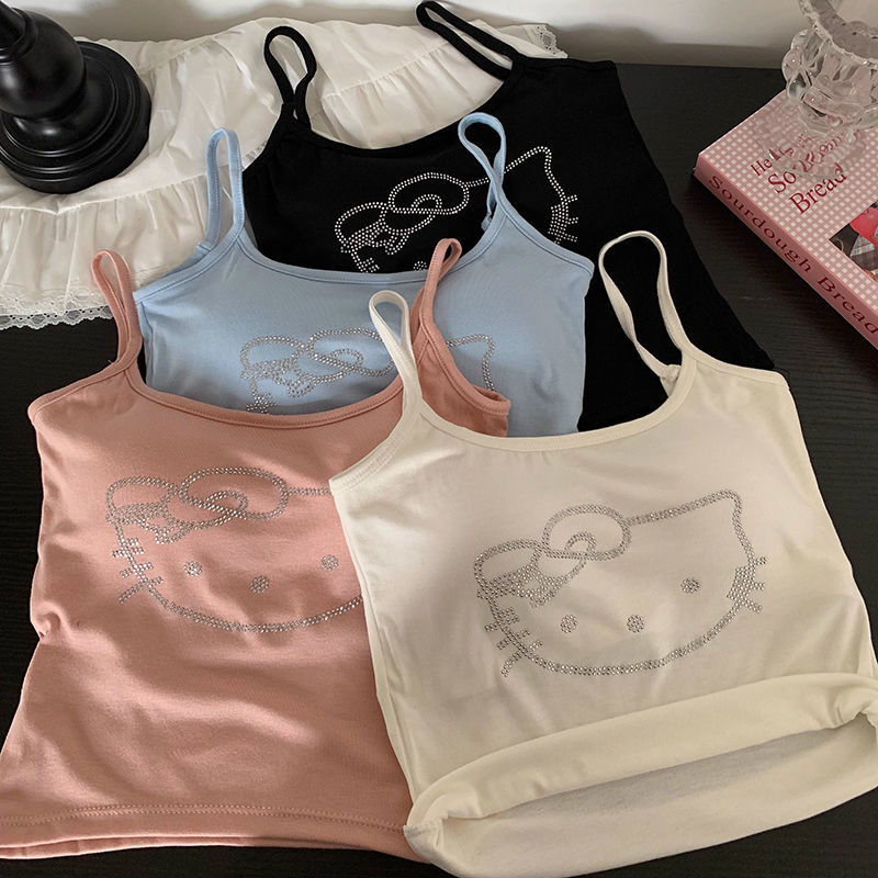 Kitty Printed Sweet Girl Padded Knitted Cotton Lace Sleeveless Top ...