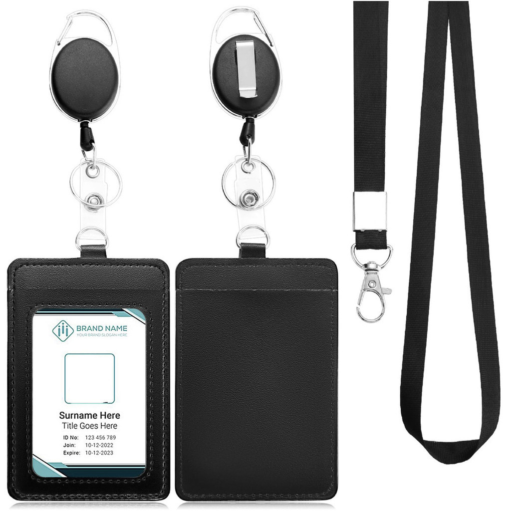 2PCs PU leather ID card holder access card cover can buckle retractable ...